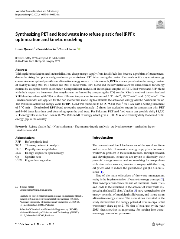 (PDF) Synthesizing PET and food waste into refuse plastic fuel (RPF ...