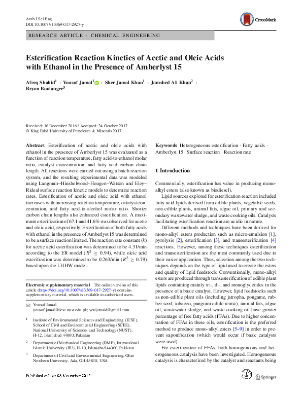 (PDF) Esterification Reaction Kinetics of Acetic and Oleic Acids with Ethanol in the Presence of ...