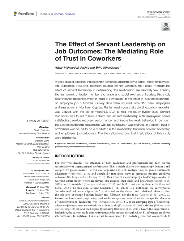 (PDF) The Effect of Servant Leadership on Job Outcomes: The Mediating Role of Trust in Coworkers