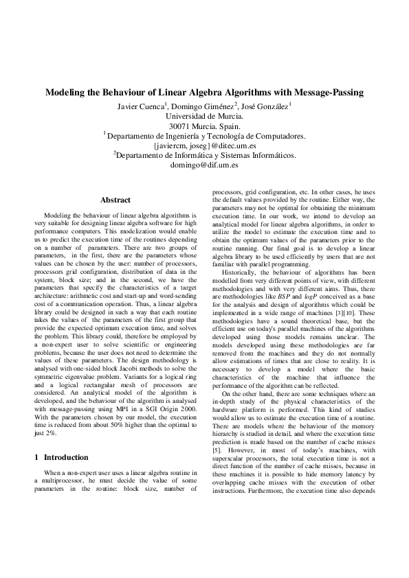 (PDF) Modeling the behaviour of linear algebra algorithms with message ...