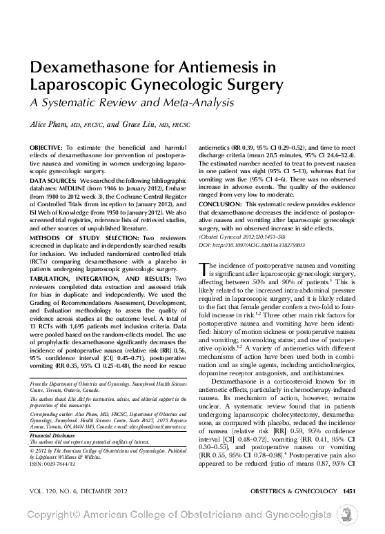 (PDF) Dexamethasone for antiemesis in laparoscopic gynecologic surgery ...