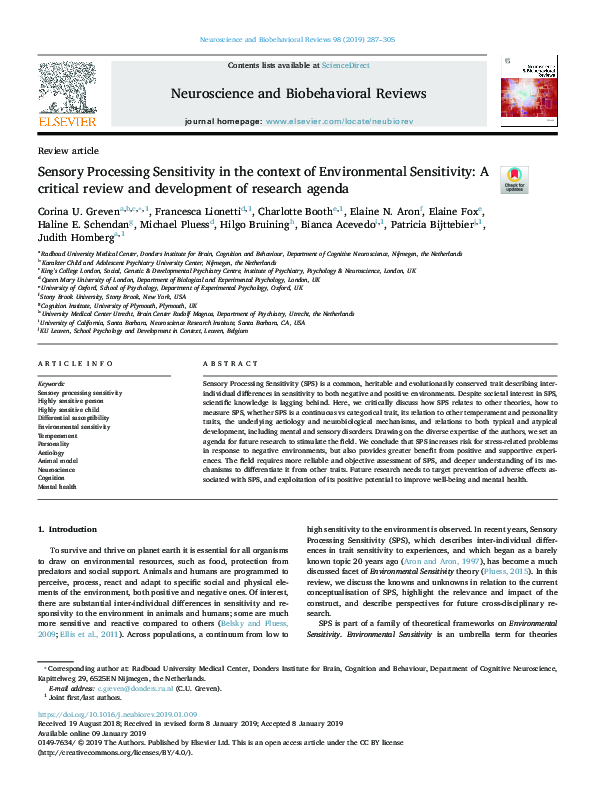 (PDF) Sensory Processing Sensitivity in the context of Environmental Sensitivity: A critical ...
