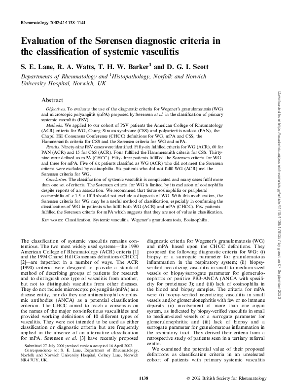 (PDF) Evaluation of the Sorensen diagnostic criteria in the ...
