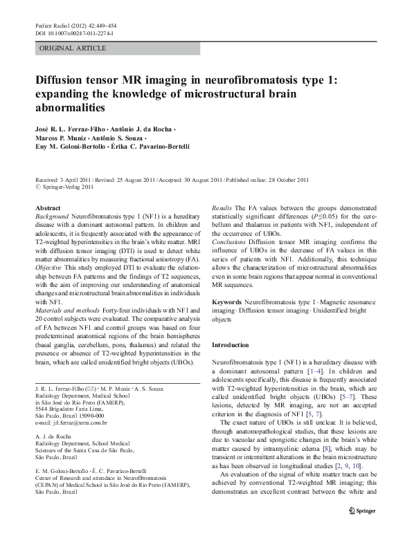 (PDF) Diffusion tensor MR imaging in neurofibromatosis type 1: expanding the knowledge of ...