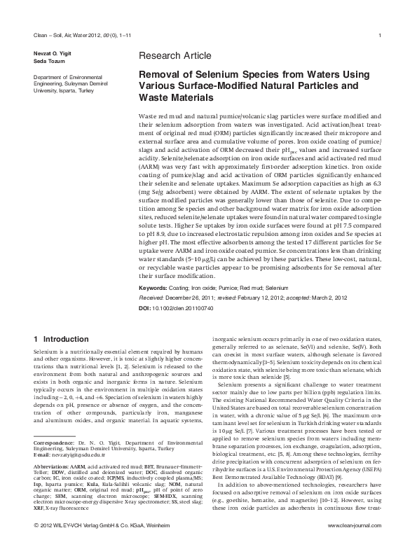 (PDF) Removal of Selenium Species from Waters Using Various Surface ...