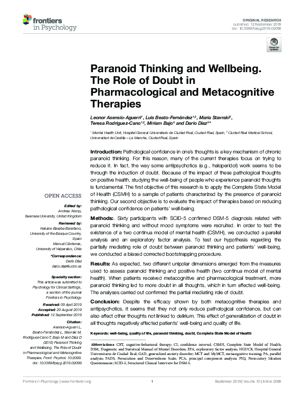 (PDF) Paranoid Thinking and Wellbeing. The Role of Doubt in ...