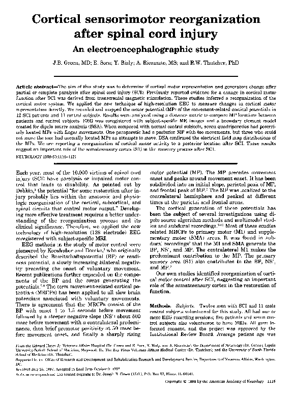 (PDF) Cortical sensorimotor reorganization after spinal cord injury: An electroencephalographic ...