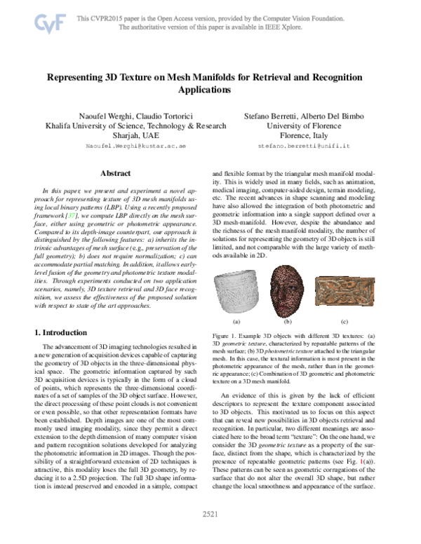 (PDF) Representing 3D texture on mesh manifolds for retrieval and recognition applications ...