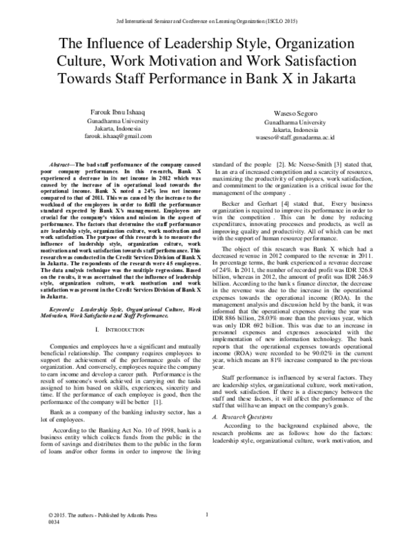 (PDF) The Influence of Leadership Style, Organization Culture, Work Motivation and Work ...