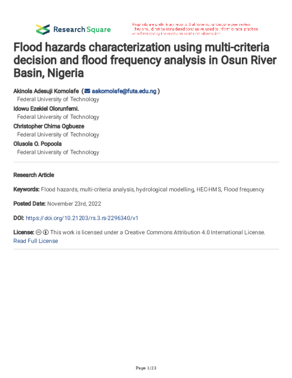 (PDF) Flood hazards characterization using multi-criteria decision and flood frequency analysis ...
