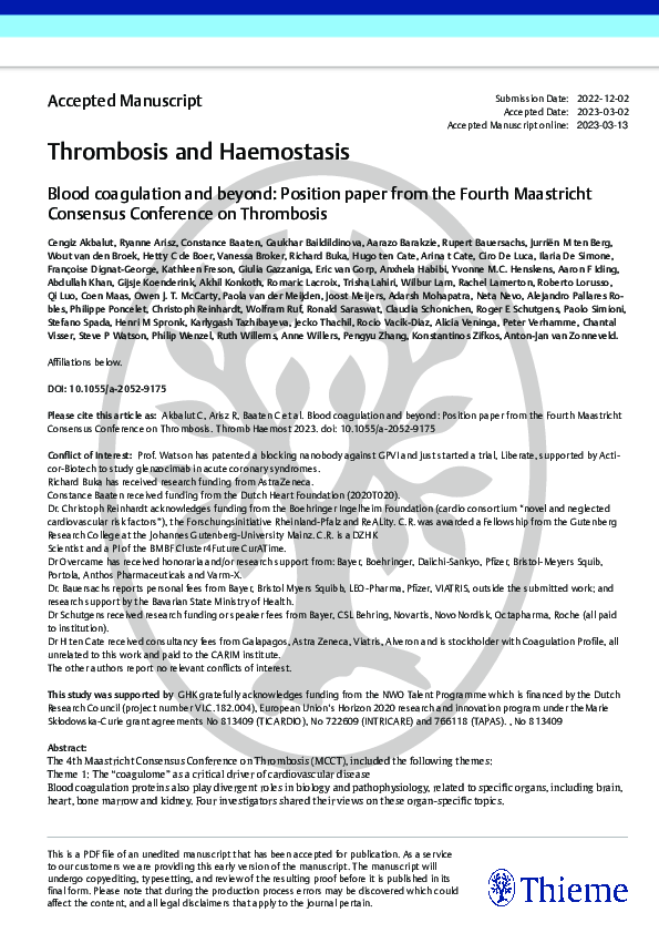 (PDF) Blood Coagulation and Beyond: Position Paper from the Fourth ...