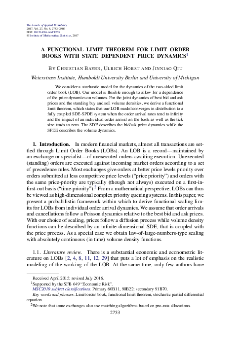(PDF) A functional limit theorem for limit order books with state dependent price dynamics ...