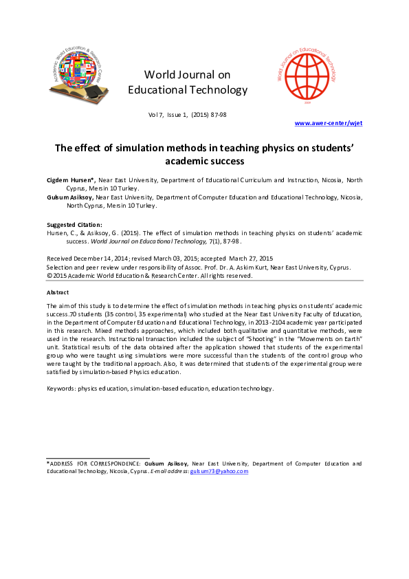 (PDF) The effect of simulation methods in teaching physics on studentsâ€™ academic success