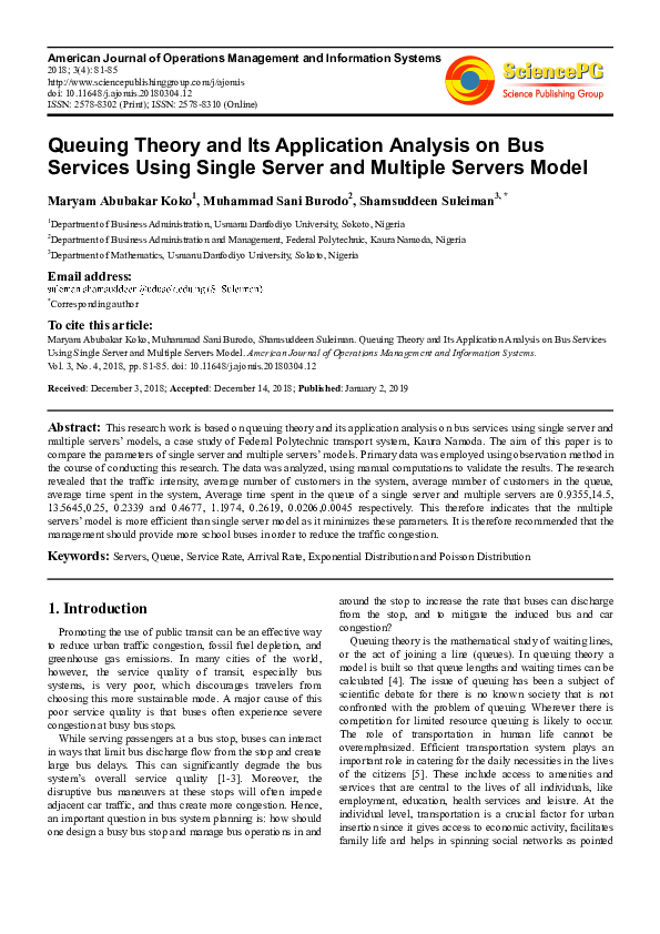 Pdf Queuing Theory And Its Application Analysis On Bus Services Using Single Server And