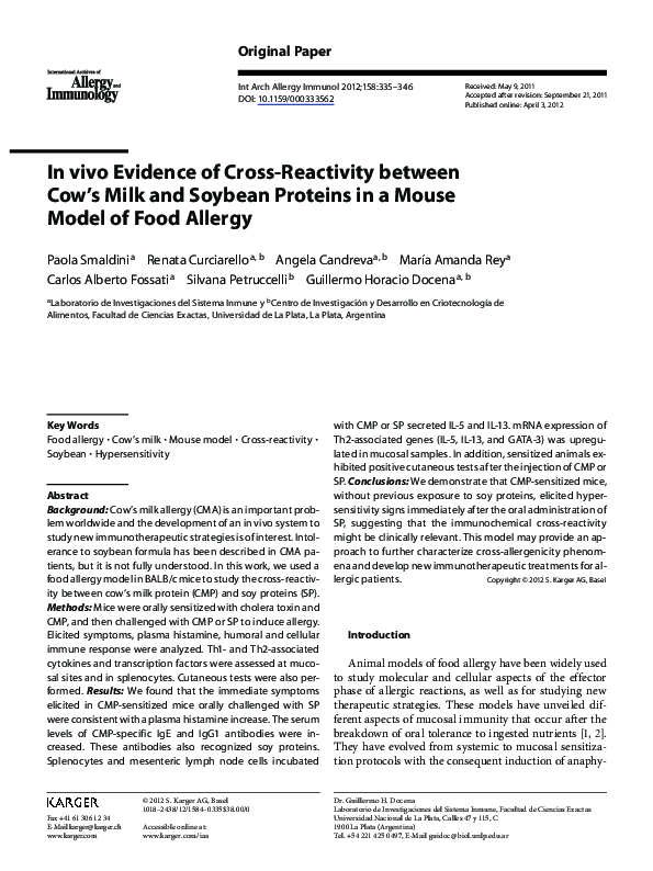 (PDF) In vivo Evidence of Cross-Reactivity between Cow’s Milk and ...