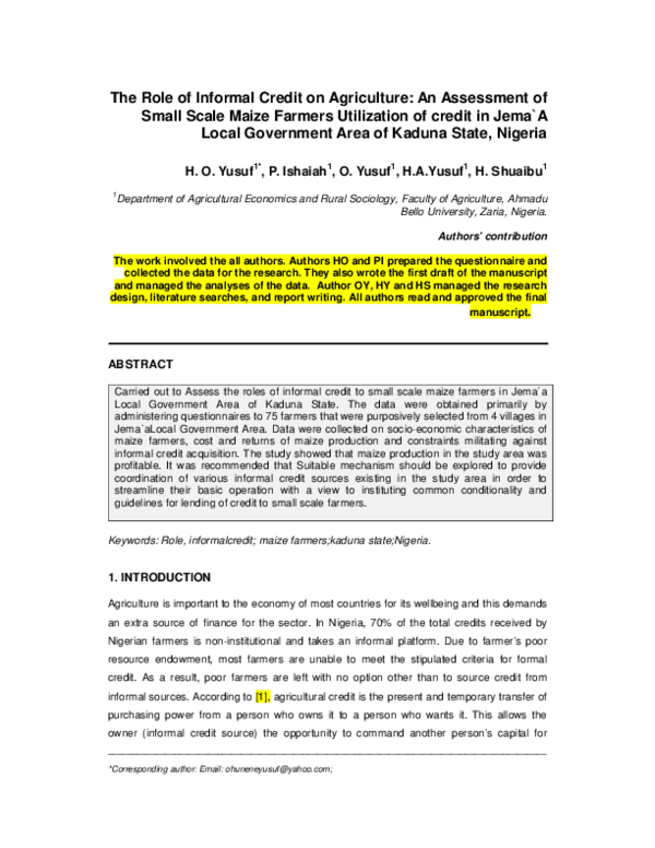 (PDF) Informal Credit Utilization by Small Scale Maize Farmers in Kaduna