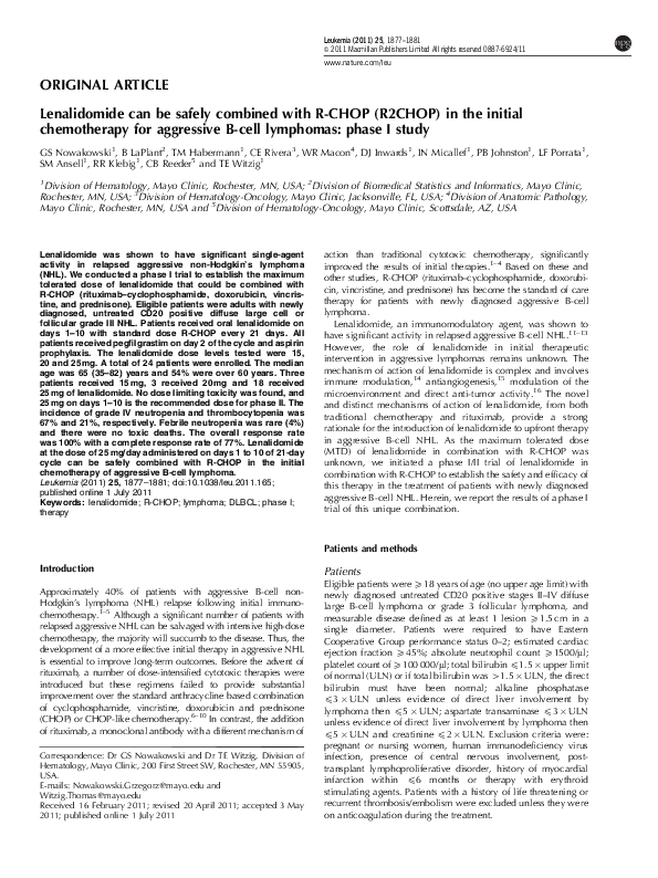 Pdf Lenalidomide Can Be Safely Combined With R Chop R2chop In The Initial Chemotherapy For