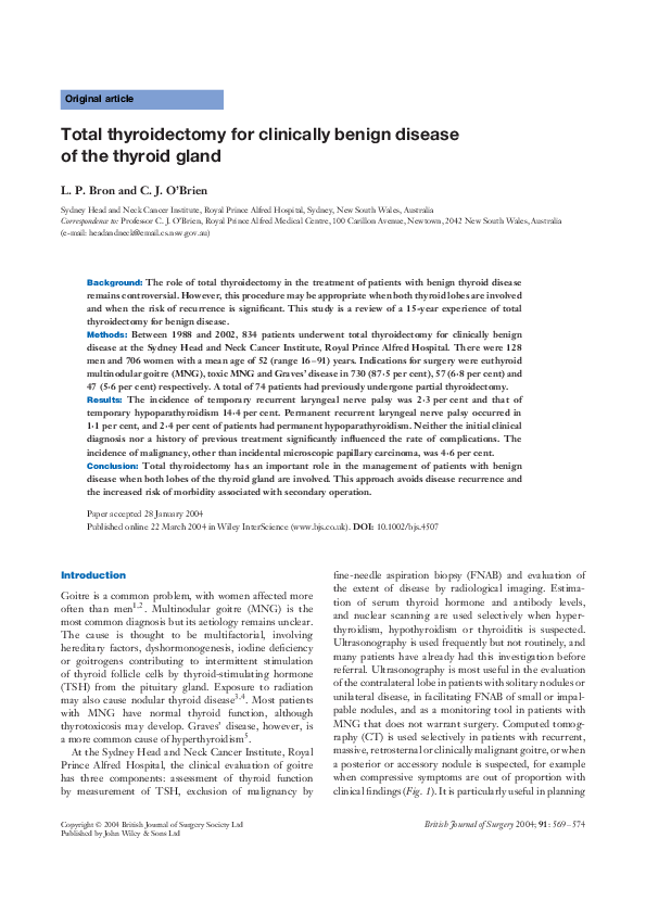 (PDF) Total thyroidectomy for clinically benign disease of the thyroid gland