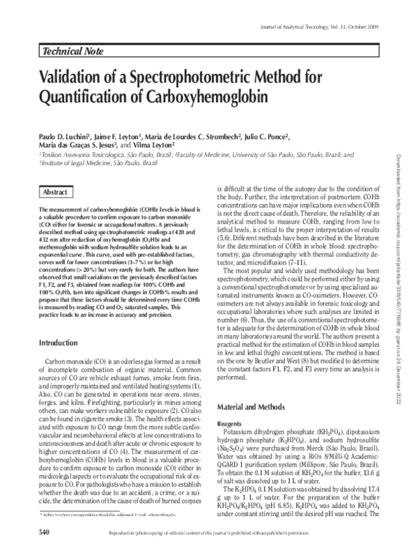 (PDF) Validation of a Spectrophotometric Method for Quantification of Carboxyhemoglobin