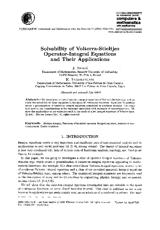 Pdf Solvability Of Volterra Stieltjes Operator Integral Equations And Their Applications