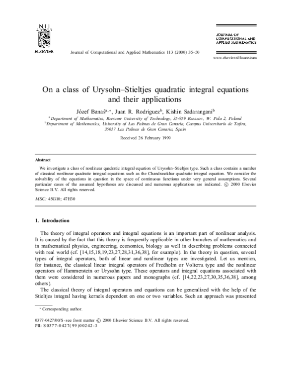 (PDF) On a class of Urysohn–Stieltjes quadratic integral equations and ...