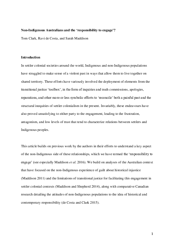 (PDF) Non-Indigenous Australians and the ‘Responsibility to Engage’?