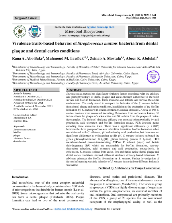 (PDF) Virulence traits-based behavior of Streptococcus mutans bacteria ...