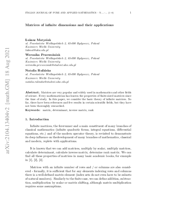 (PDF) Matrices of infinite dimensions and their applications