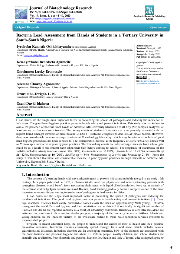(PDF) Bacteria Load Assessment from Hands of Students in a Tertiary University in South-South ...