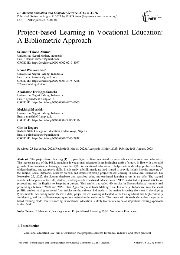 (PDF) Project-based Learning in Vocational Education: A Bibliometric ...