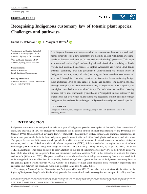 (PDF) Recognising Indigenous customary law of totemic plant species ...