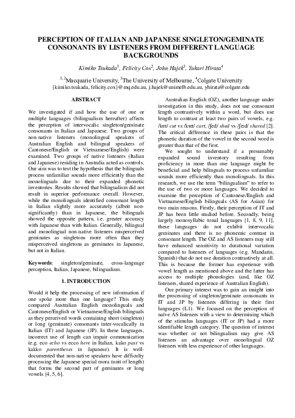 (PDF) Perception of Italian and Japanese singleton/geminate consonants by listeners from ...