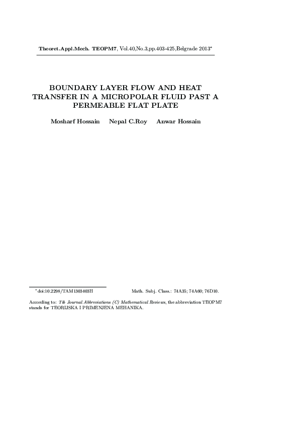 (PDF) Boundary layer flow and heat transfer in a micropolar fluid past a permeable at plate