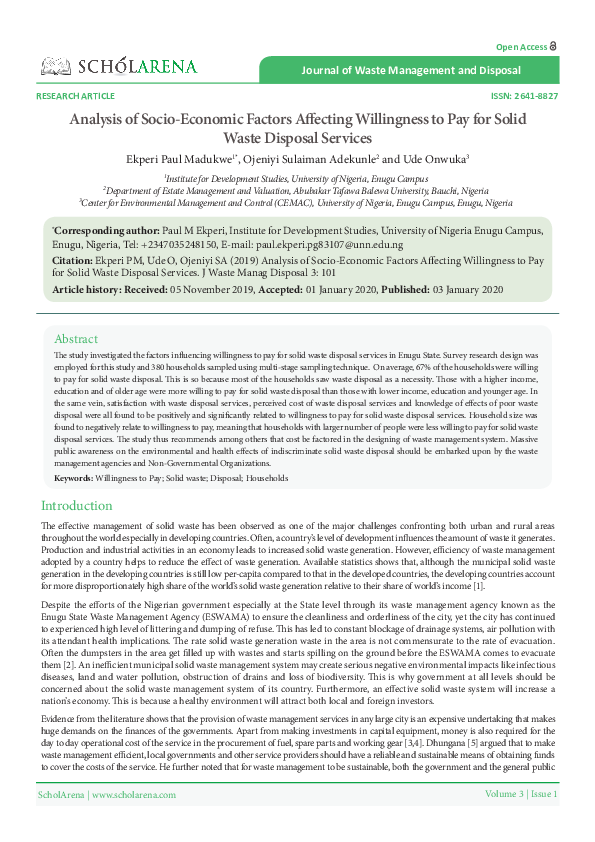 (PDF) Analysis of Socio-Economic Factors Affecting Willingness to Pay for Solid Waste Disposal ...