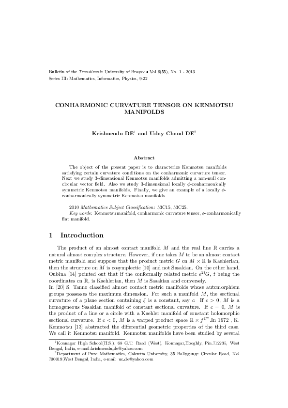 (PDF) Conharmonic curvature tensor on Kenmotsu manifolds | Krishnendu ...