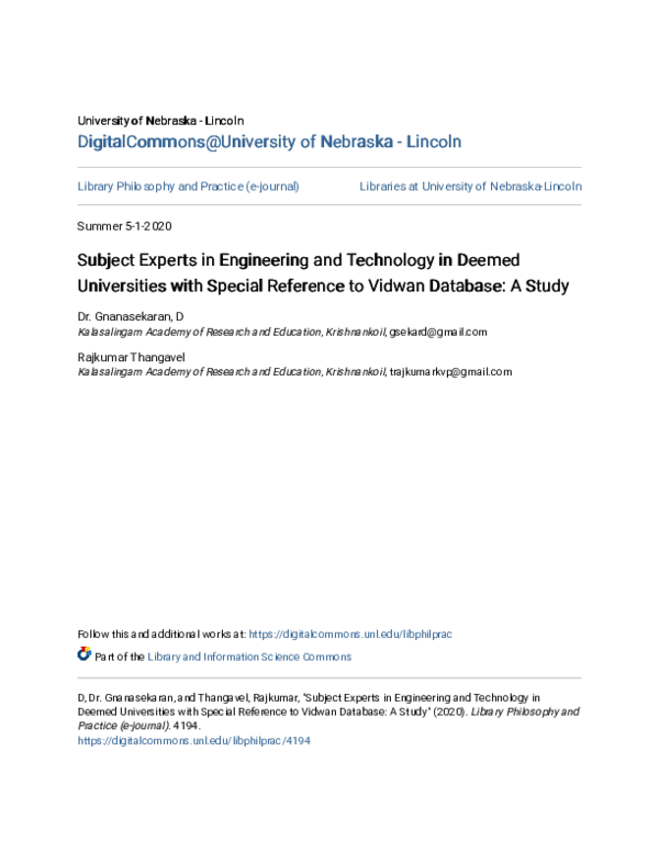 (PDF) Subject Experts in Engineering and Technology in Deemed ...