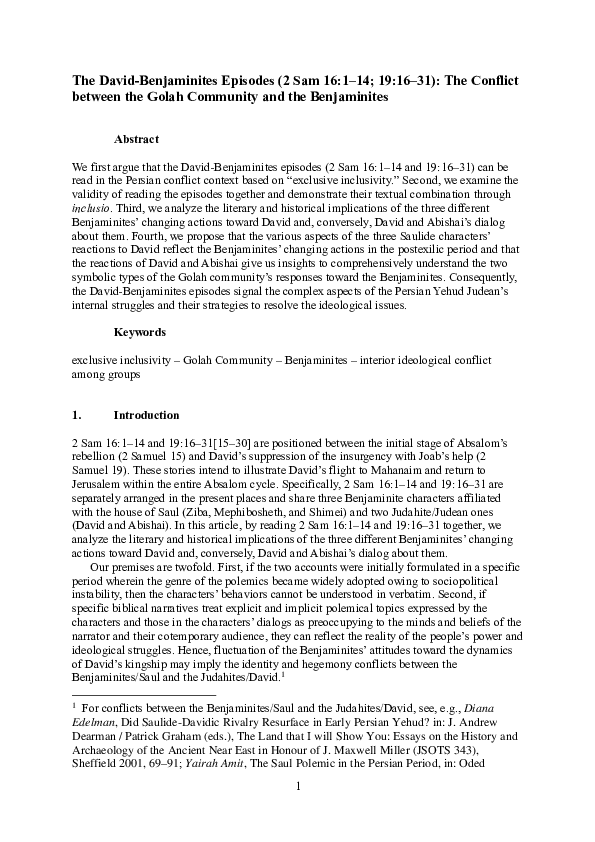 (PDF) The David-Benjaminites Episodes (2 Sam 16:1-14; 19:16-31): The ...