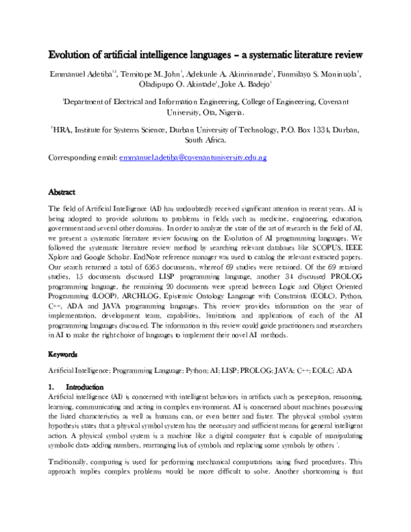 (PDF) Evolution of artificial intelligence languages, a systematic literature review
