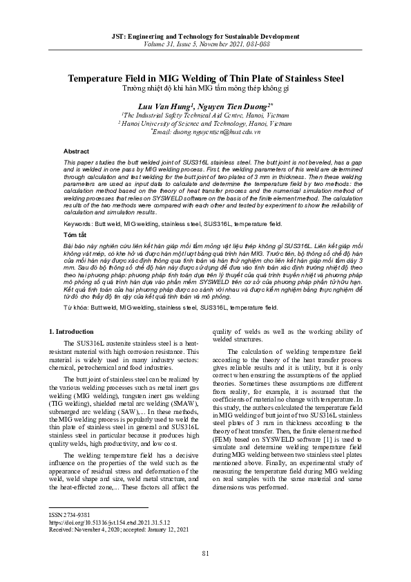 (PDF) Temperature Field in MIG Welding of Thin Plate of Stainless Steel