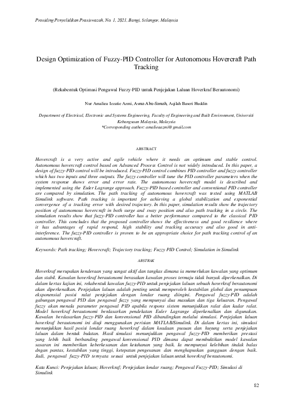 Pdf Design Optimization Of Fuzzy Pid Controller For Autonomous Hovercraft Path Tracking