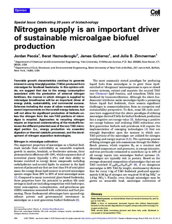 (PDF) Nitrogen supply is an important driver of sustainable microalgae biofuel production