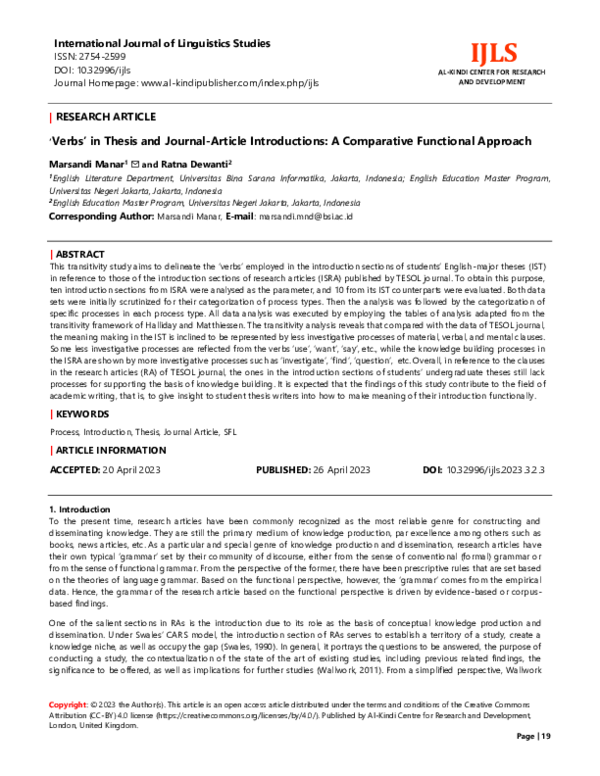 Pdf ‘verbs In Thesis And Journal Article Introductions A Comparative Functional Approach