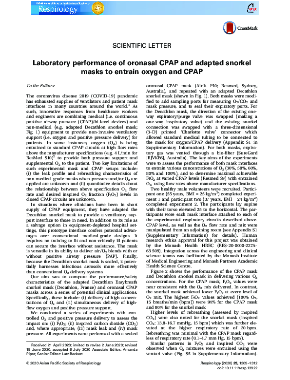(PDF) Laboratory performance of oronasal CPAP and adapted snorkel masks ...