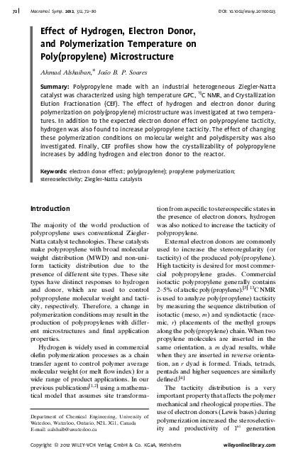 Pdf Effect Of Hydrogen Electron Donor And Polymerization