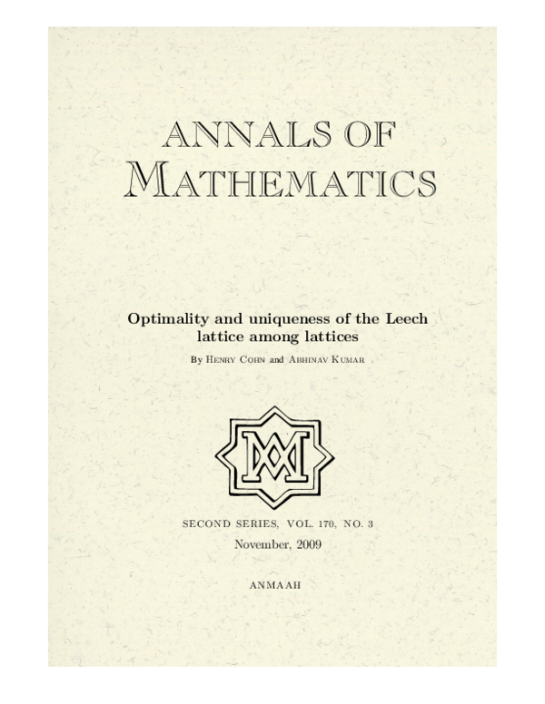 (PDF) Optimality and uniqueness of the Leech lattice among lattices ...
