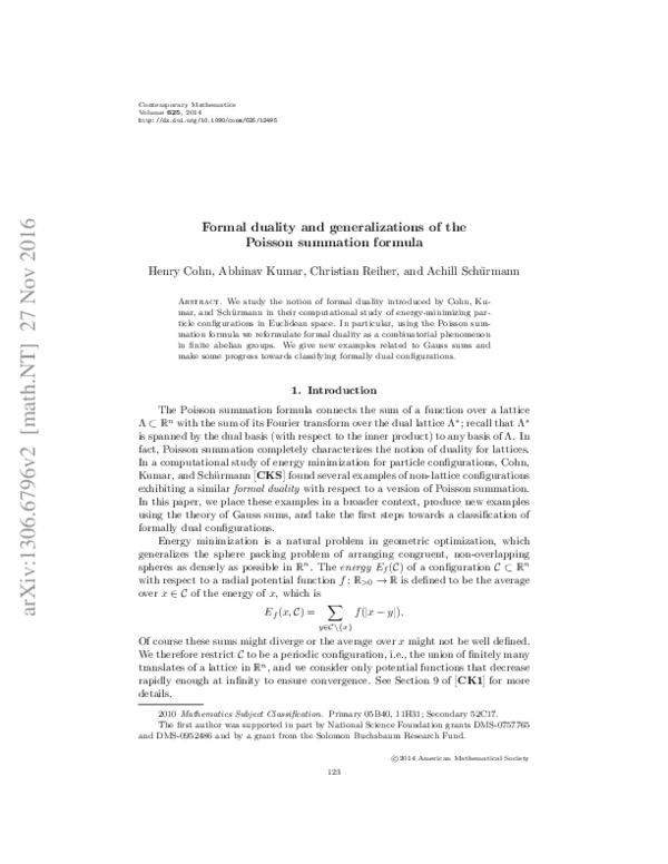 (PDF) Formal duality and generalizations of the Poisson summation formula