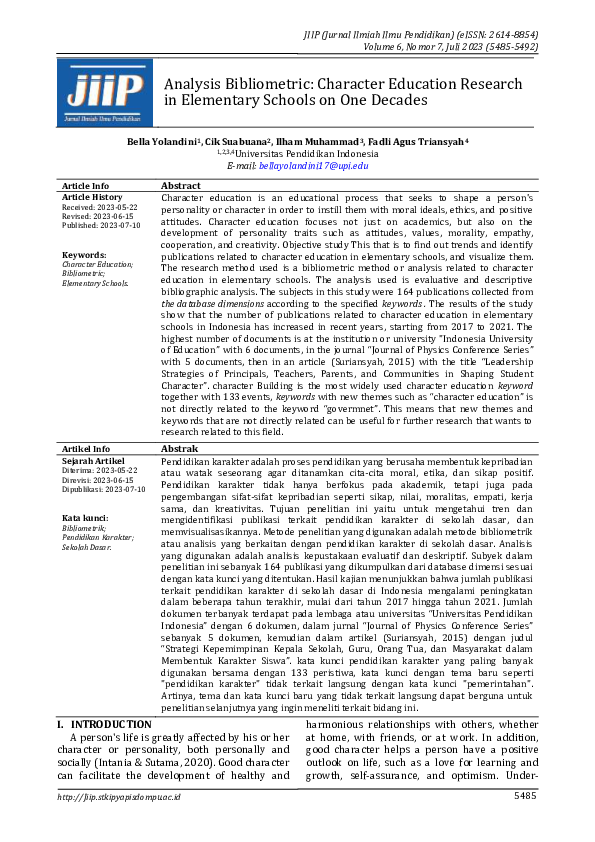 (PDF) Analysis Bibliometric: Character Education Research in Elementary Schools on One Decades