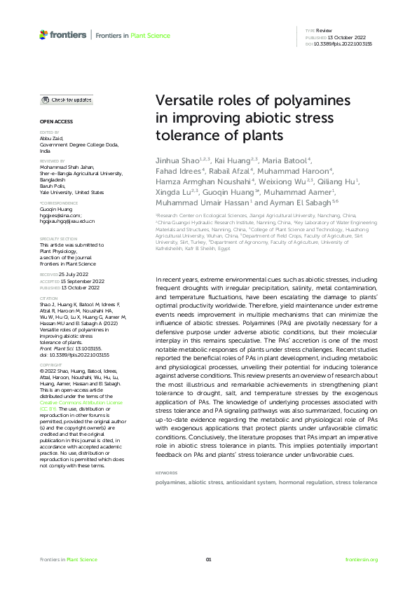 (PDF) Versatile roles of polyamines in improving abiotic stress tolerance of plants