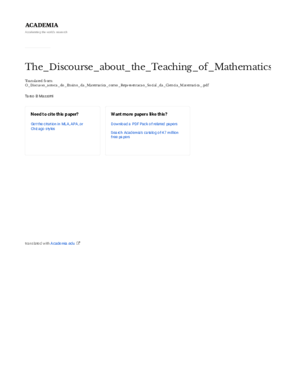 (PDF) O Discurso acerca do Ensino da Matematica como Representacao Social da Ciencia Matematica ...