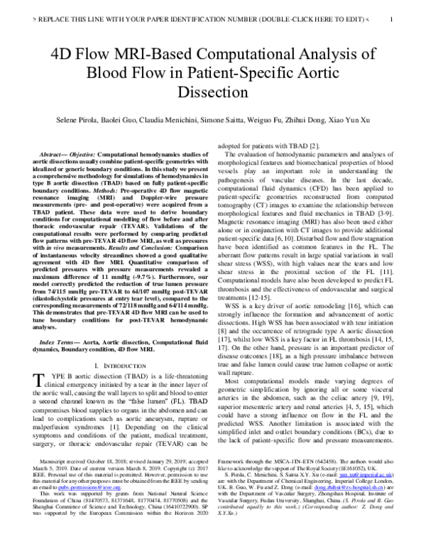 (PDF) 4-D Flow MRI-Based Computational Analysis of Blood Flow in Patient-Specific Aortic Dissection